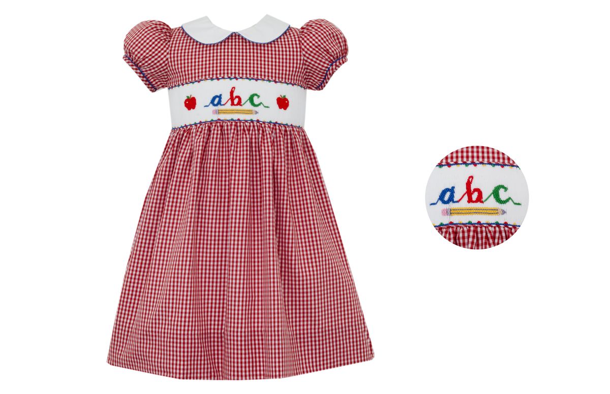 Anavini Girls Red Gingham Smocked School ABC Dress - White Collar ...