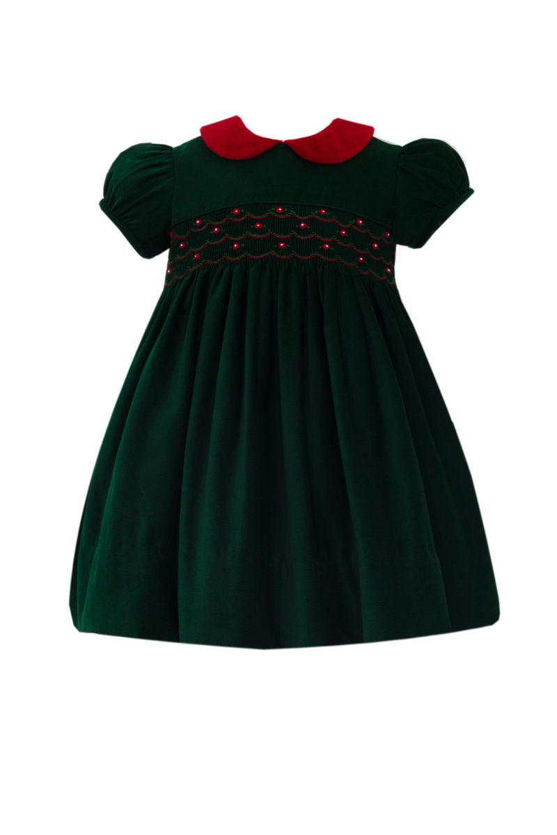 Anavini Couture Girls Green Corduroy Smocked Dress with Red Velvet Col ...